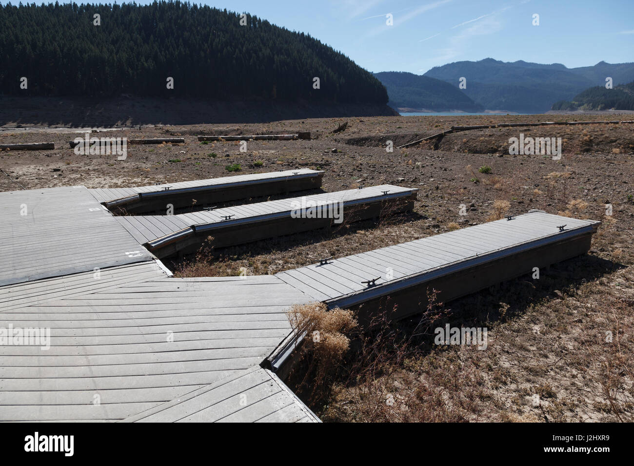 USA, Oregon, Detroit Lake State Recreation Area, boat dock high and dry ...