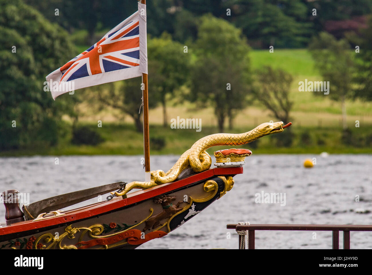 National Trust steam gondola on Coniston water. The lakes Stock Photo ...