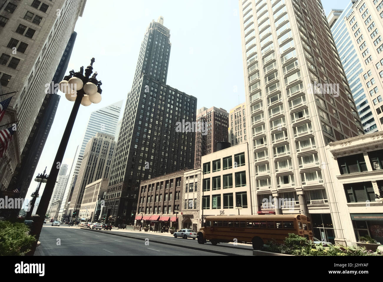 Street view of Chicago downtown. Urban landscape with towers and ...