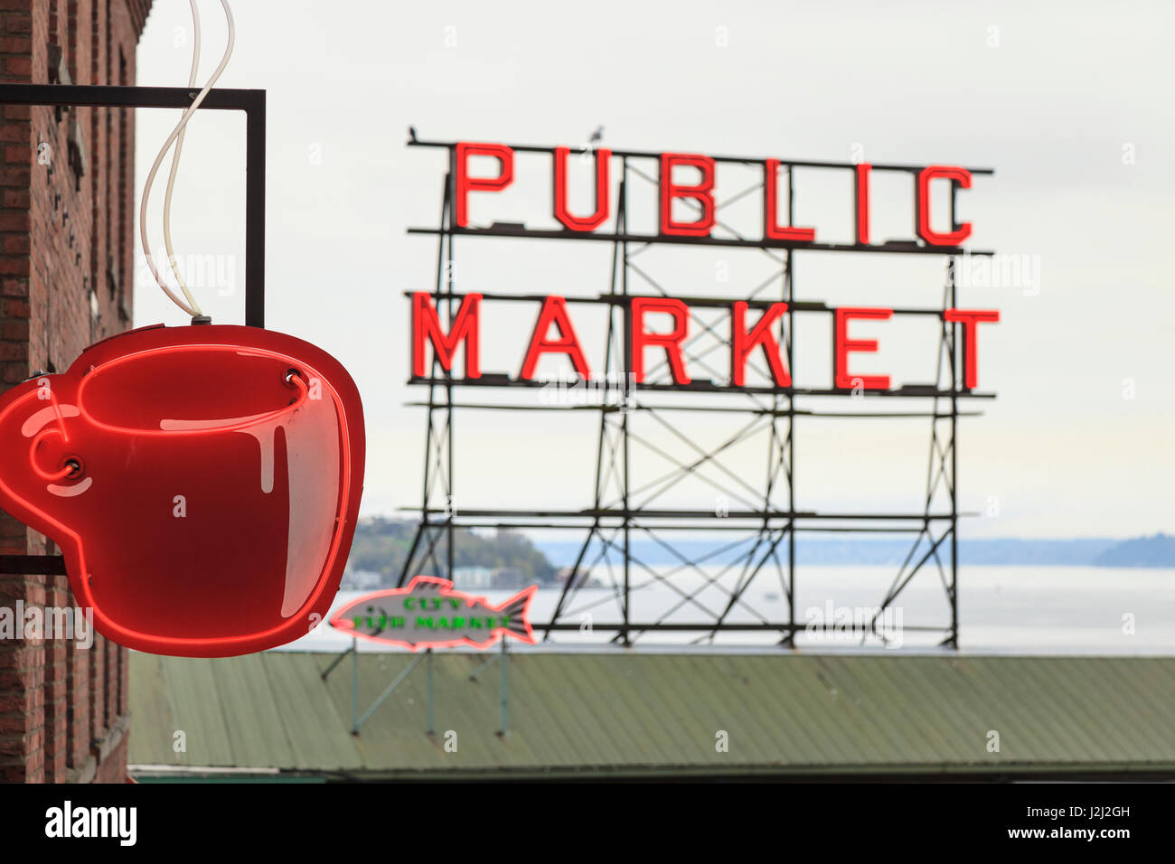 Neon Coffee sign, Pike Street Public Market, Seattle, WA Stock Photo ...