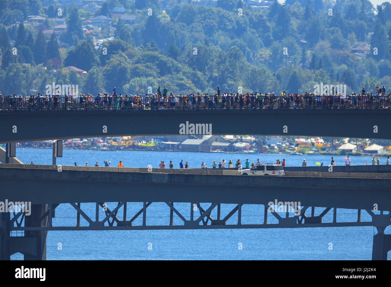 Crowds gathered on Interstate 90 Bridge (closed to traffic) for Blue ...