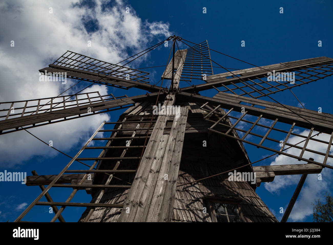 Old wooden windmill tower, wide angle veiw from bottom Stock Photo - Alamy