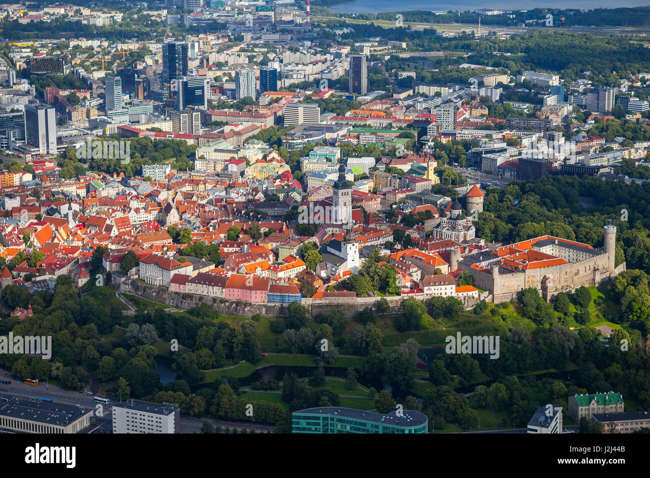 Aerial view from helicopter at old town of Tallinn, Estonia Stock Photo ...