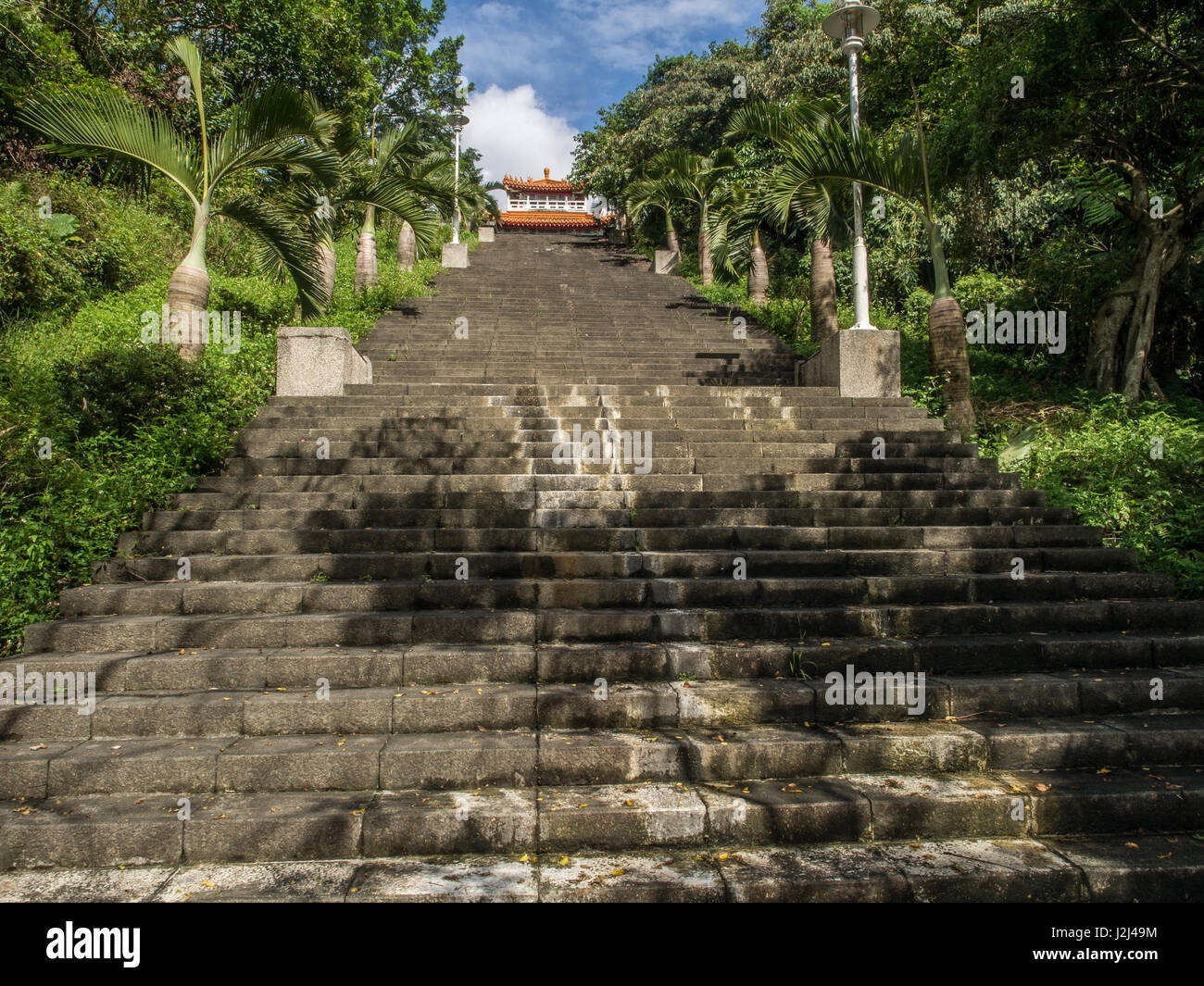 Taipei, Taiwan - October 20, 2016: Long, steep brick stairs to a temple ...
