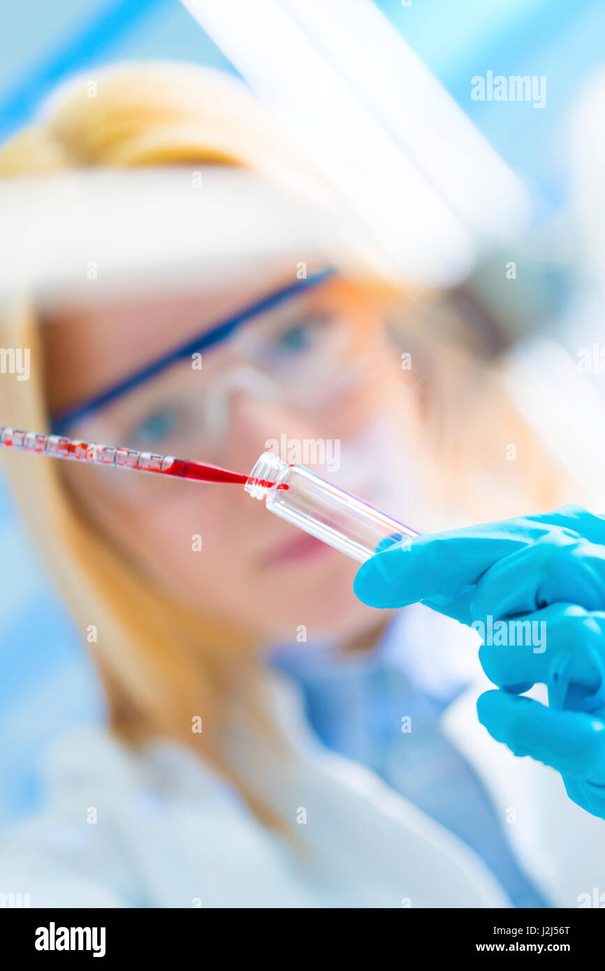 Female scientist using pipette Stock Photo - Alamy