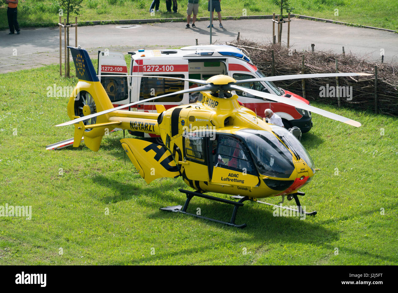 Air ambulance (Adac) helicopter and ambulance, Gera, Germany, May 2016 ...