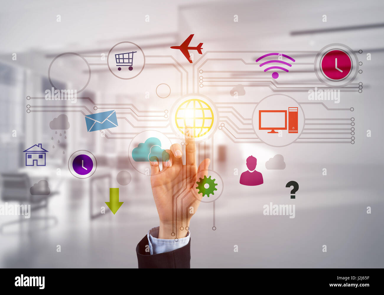 Modern office interior and close of businesswoman hand choosing icon on ...