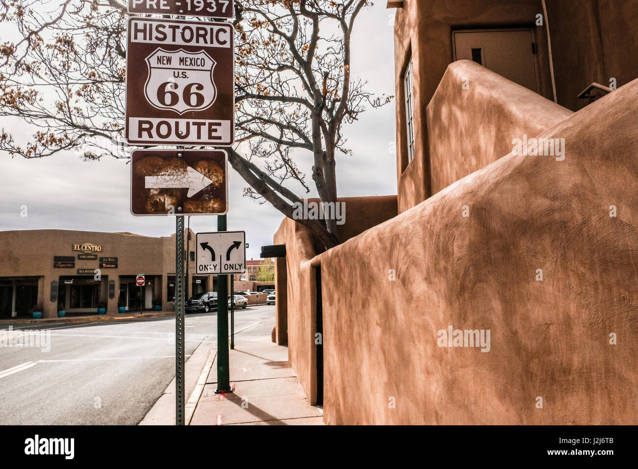 A traffic sign of historic U.S. Route 66 at old town Santa Fe, New ...
