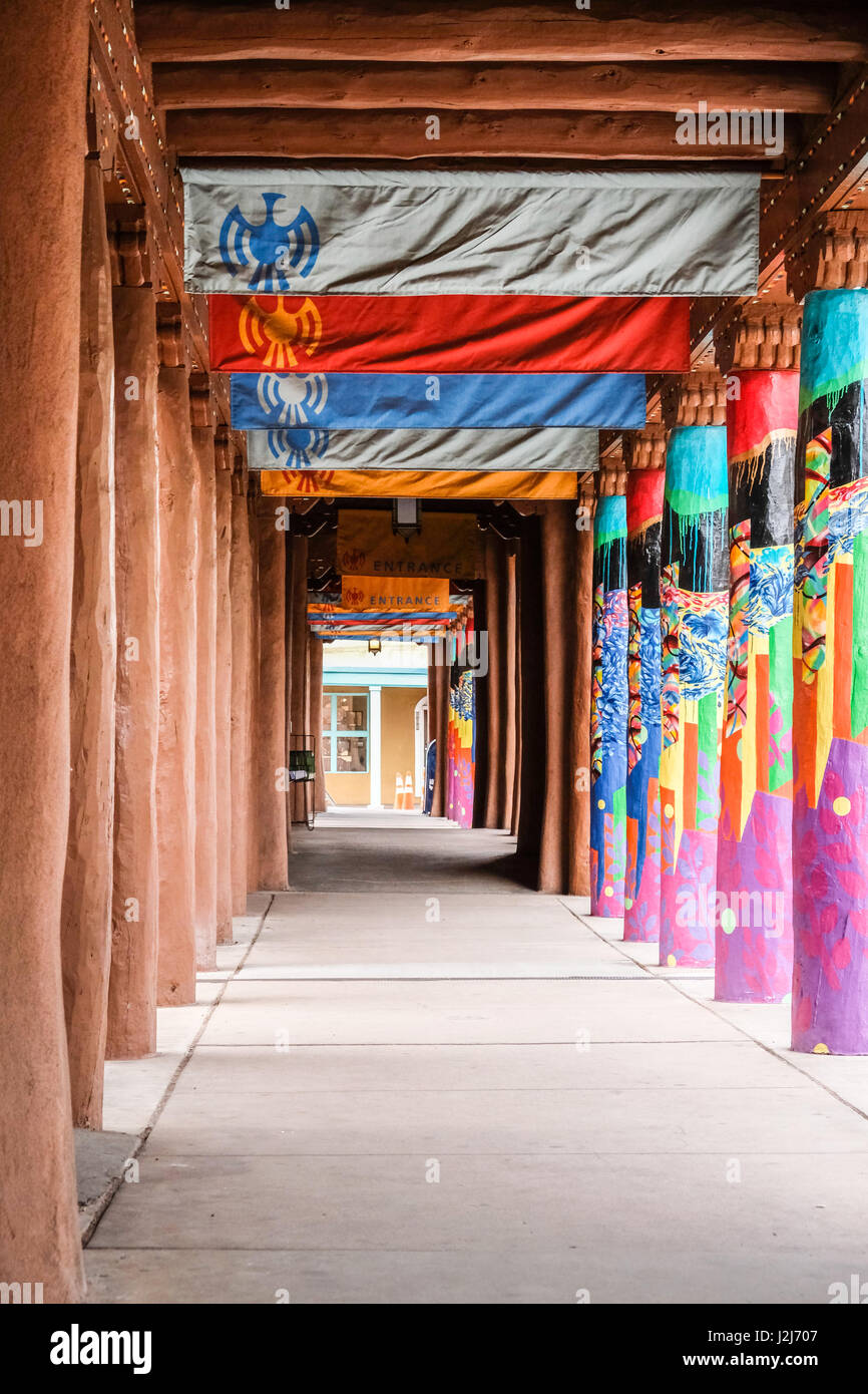 Brightly painted colorful columns in old town Santa Fe, New Mexico ...
