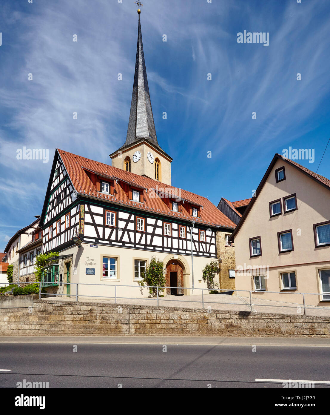 historical old town centre of Unsleben in the Bavarian Rhoen, rural ...