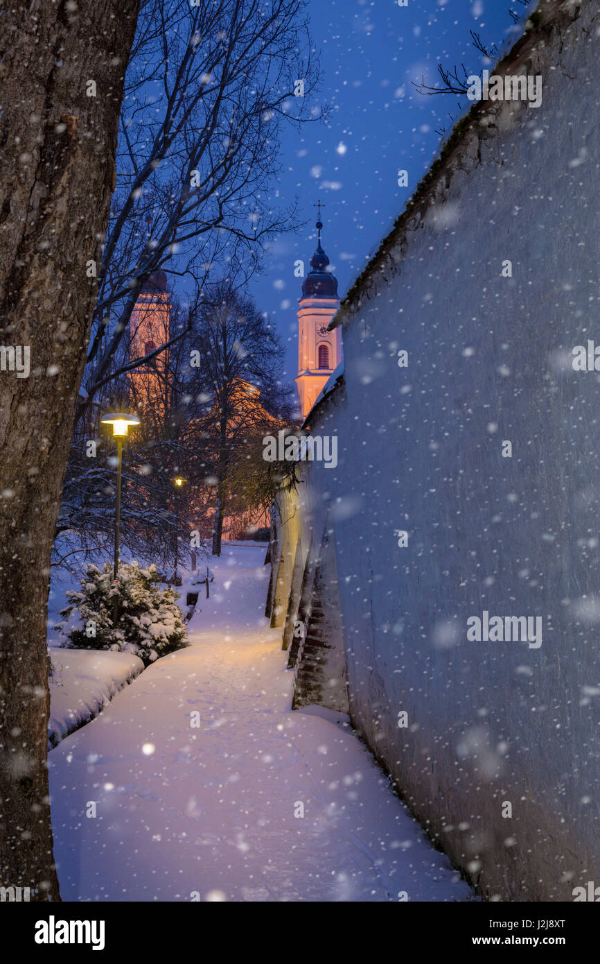 City wall and Klosterkirche Irsee in winter, Germany, Bavaria, Allgäu ...
