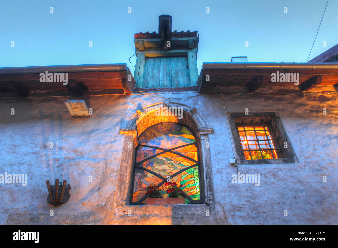 Enlightened window, house facade, St. Katharinenpassage, lower city ...
