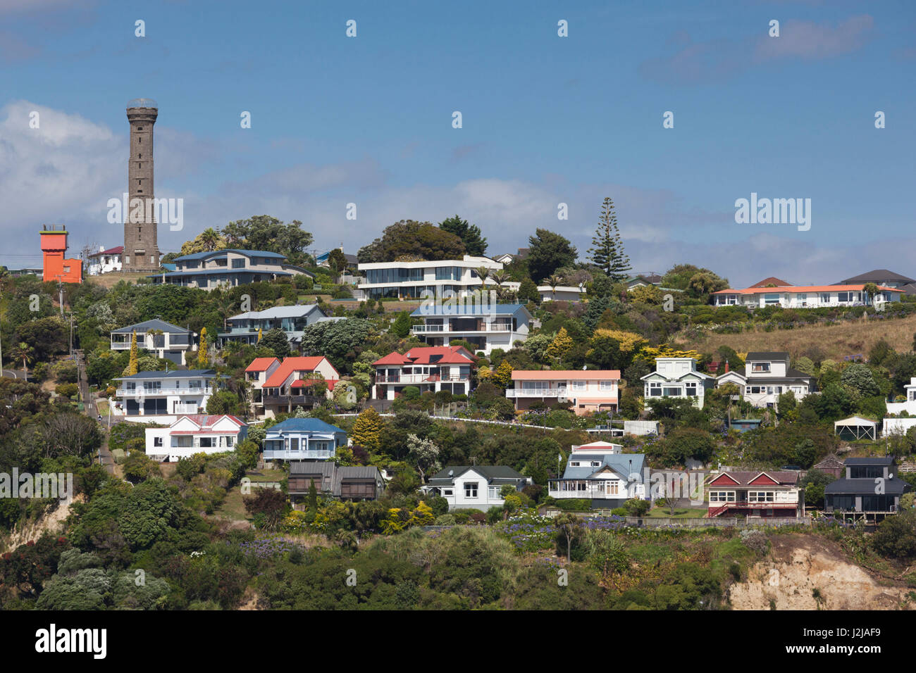 New Zealand, North Island, Wanganui, city skyline with Durie Hill Tower ...