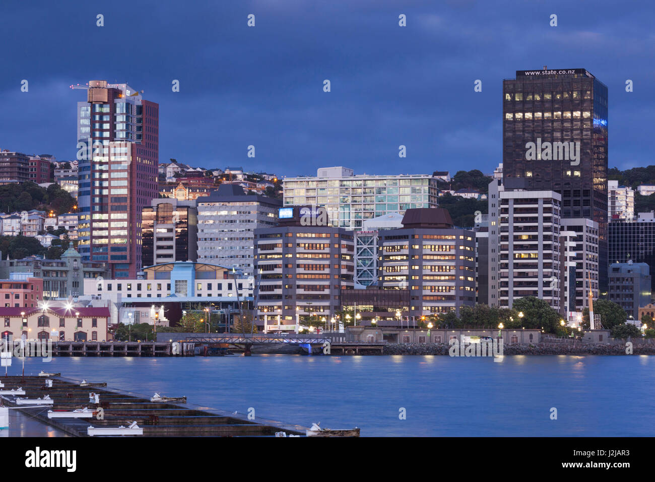 New Zealand, North Island, Wellington, skyline from the harbor, dawn ...