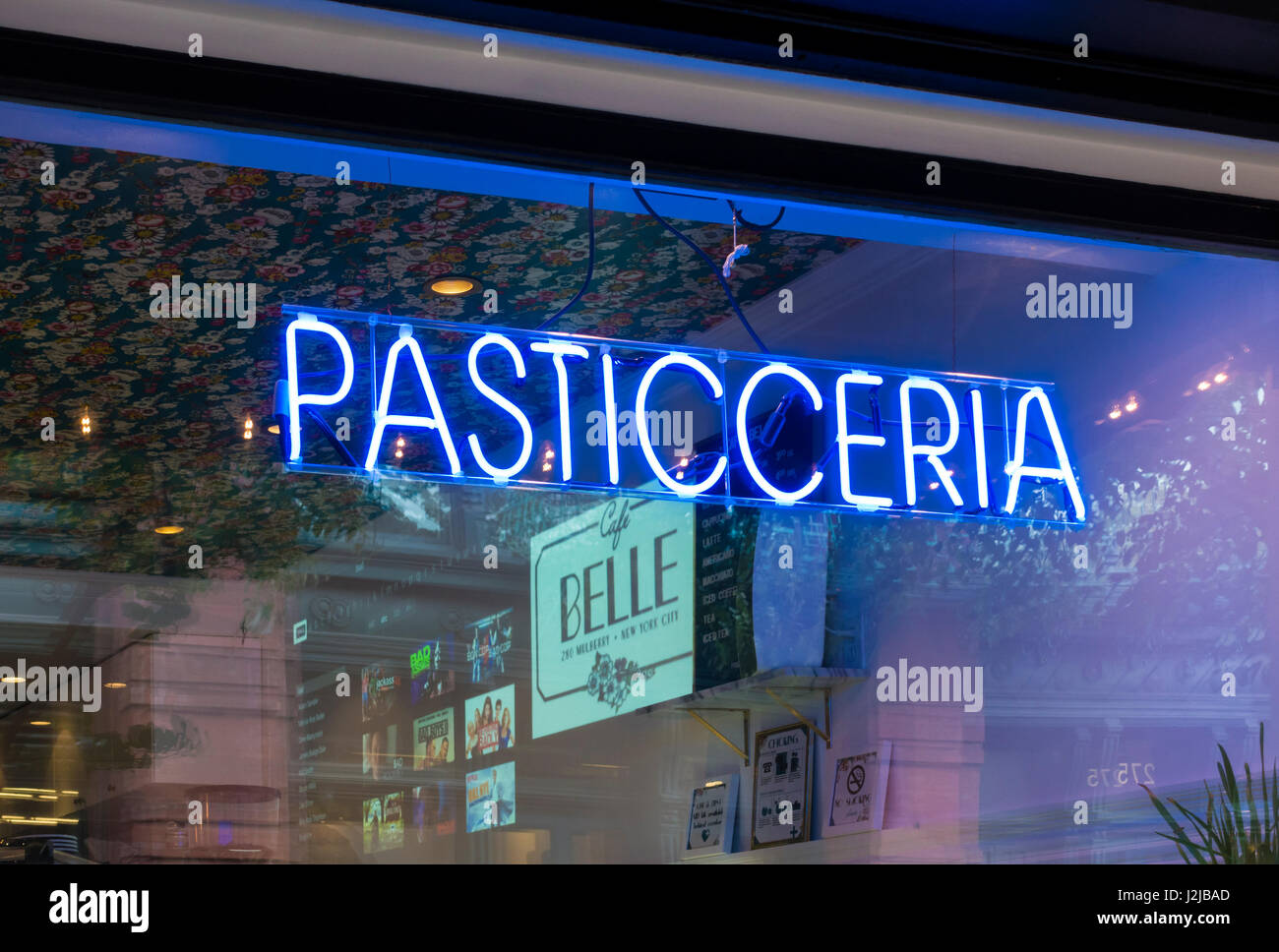 Neon sign in a window of Cafe Belle Pasticceria , a coffee and pastry ...