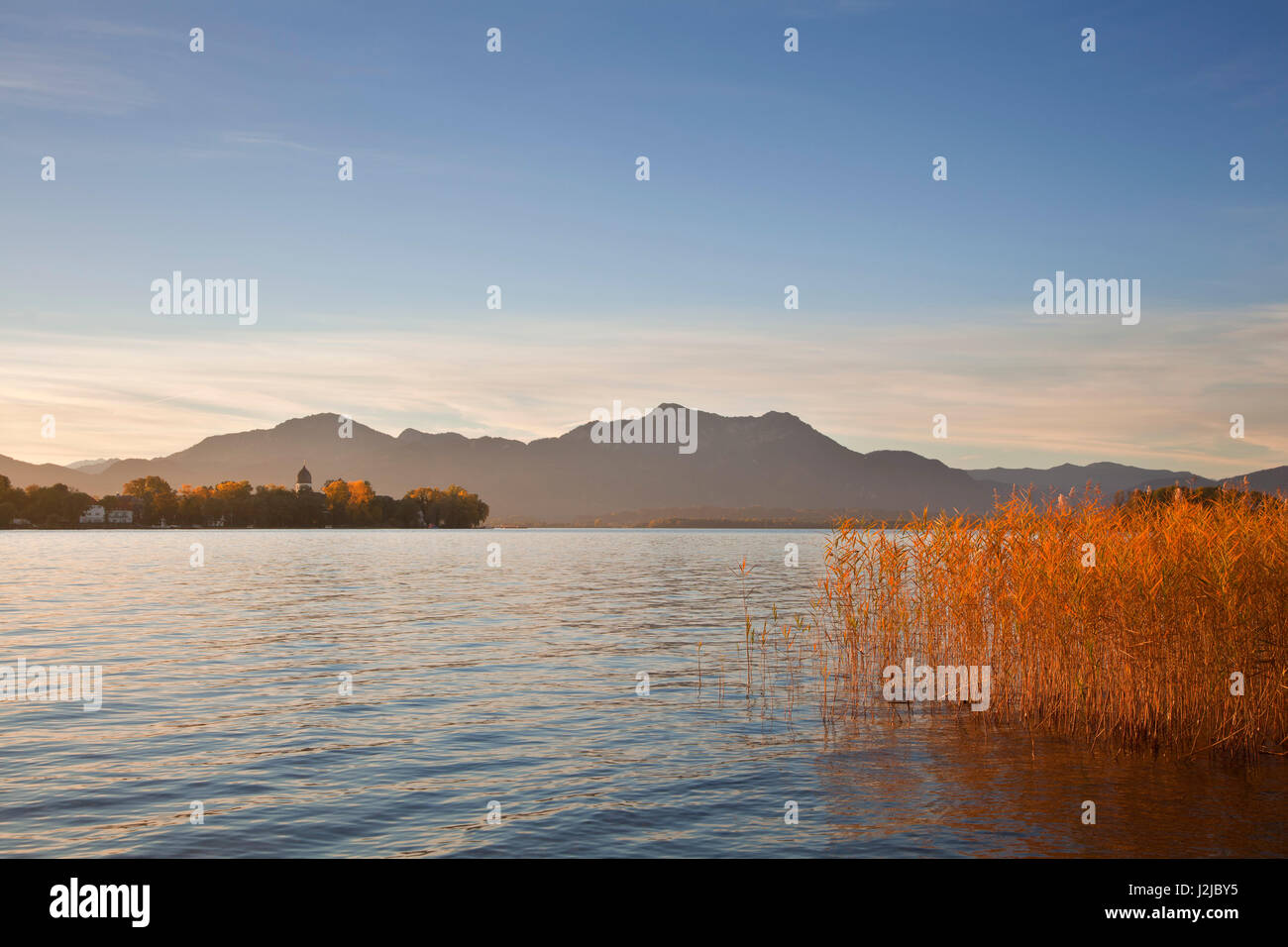 View over Chiemsee to Fraueninsel, near Gstadt, Chiemsee, Chiemgau ...