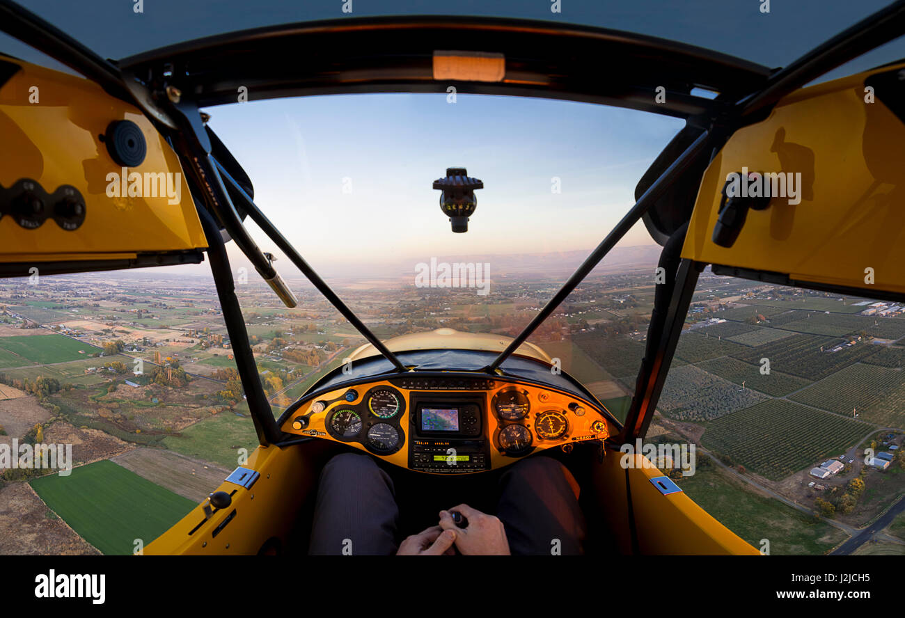 USA, Washington, Walla Walla County. In the cockpit of a piper cub ...