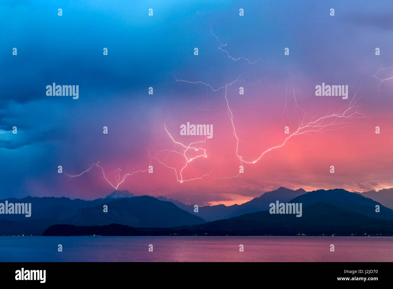 USA, Washington State, Seabeck. Lightning over Hood Canal and Olympic ...