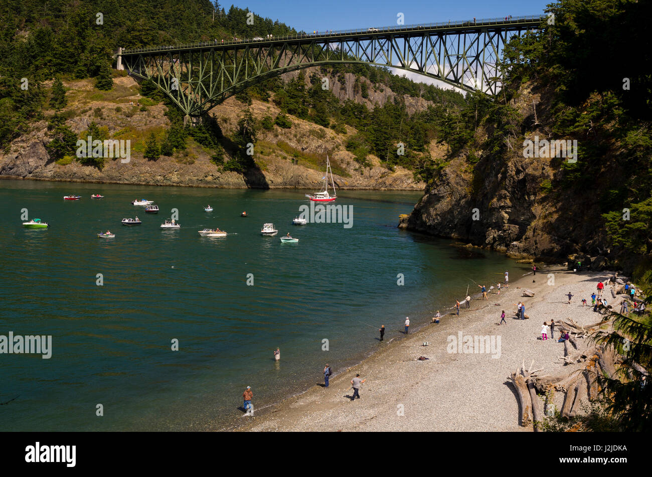 USA, Washington State, Deception Pass State Park. Salmon fishing in ...