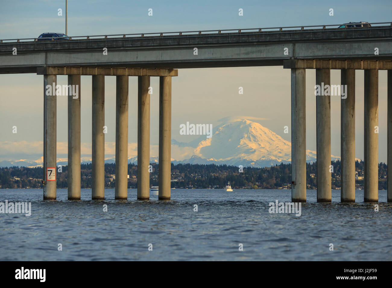 Interstate 90 Bridge with Mt. Rainier looming behind, WA, USA Stock ...