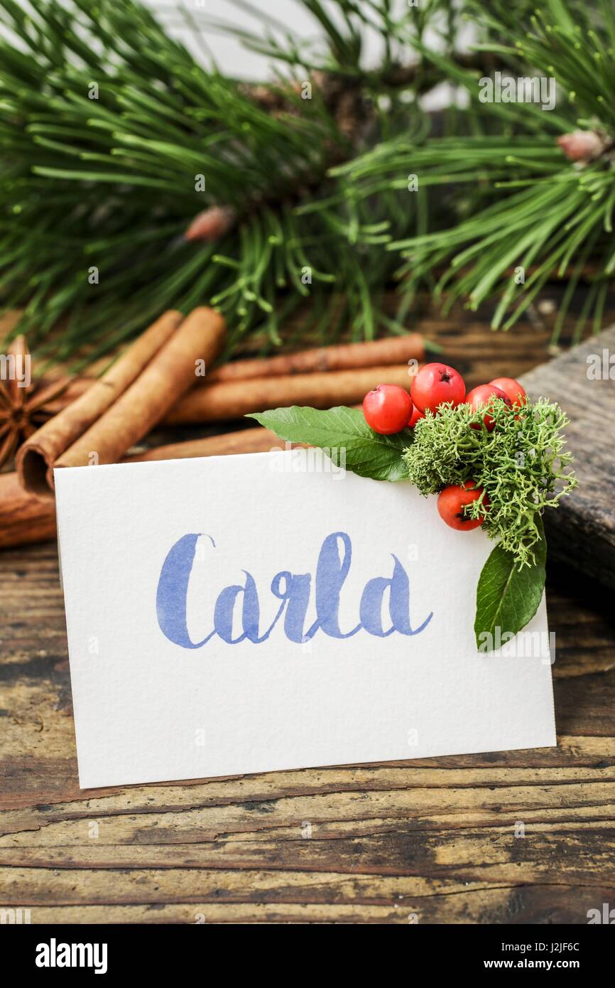 Table place name card with handwritten name Carla. Party decor Stock ...