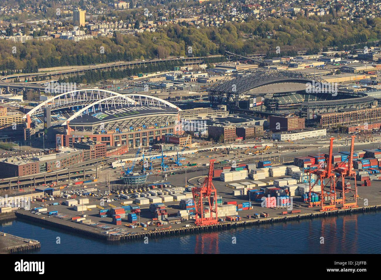 Aerial View of Century Link Stadium, and Safeco Field Stadium, Seattle ...