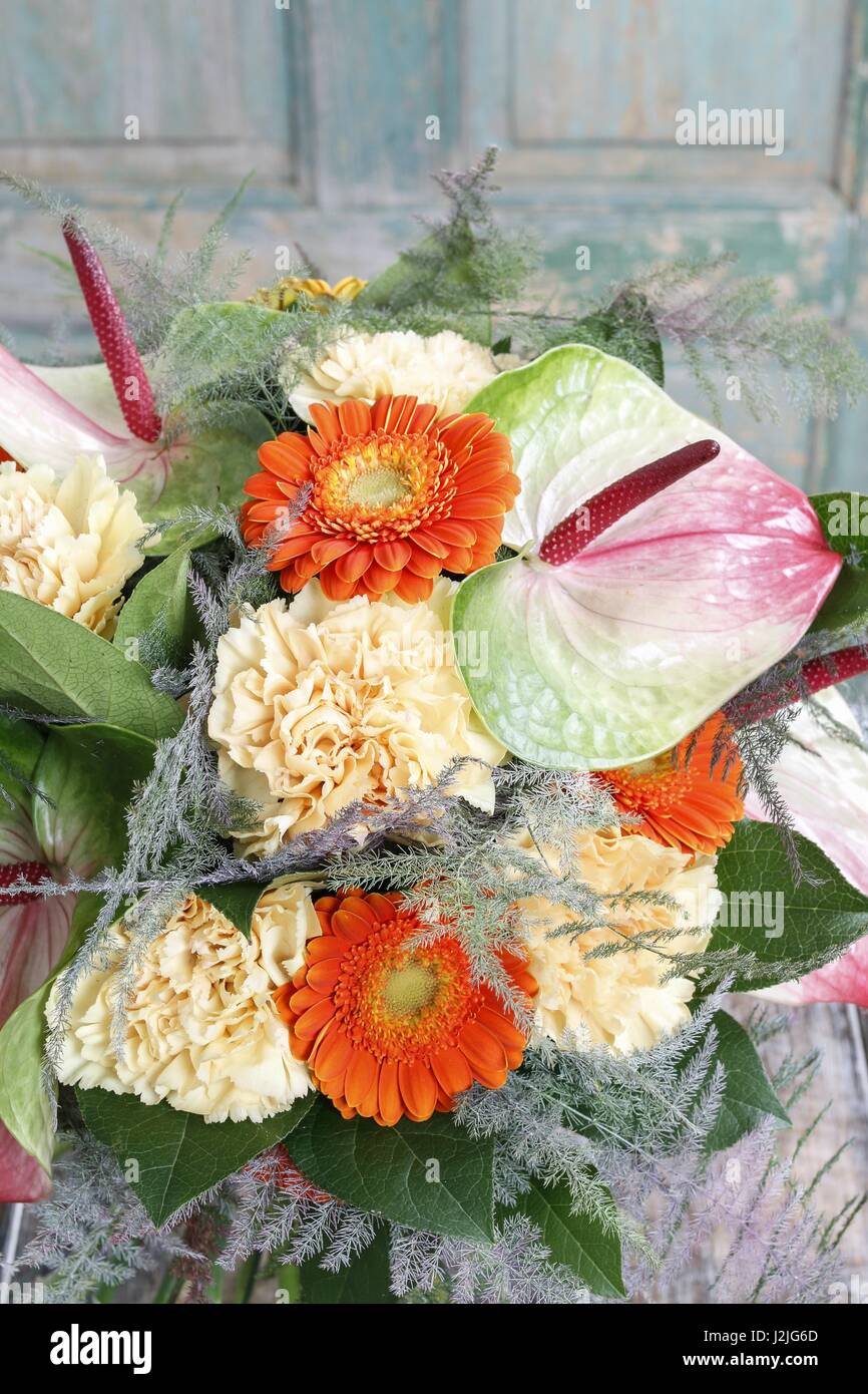 Flower background with gerbera and carnation flowers. Party decor Stock Photo - Alamy