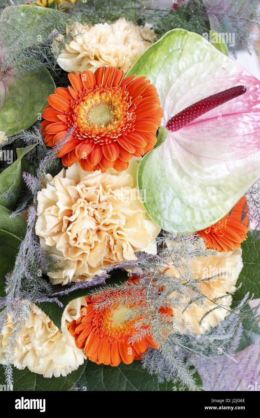 Flower background with gerbera and carnation flowers. Party decor Stock Photo - Alamy