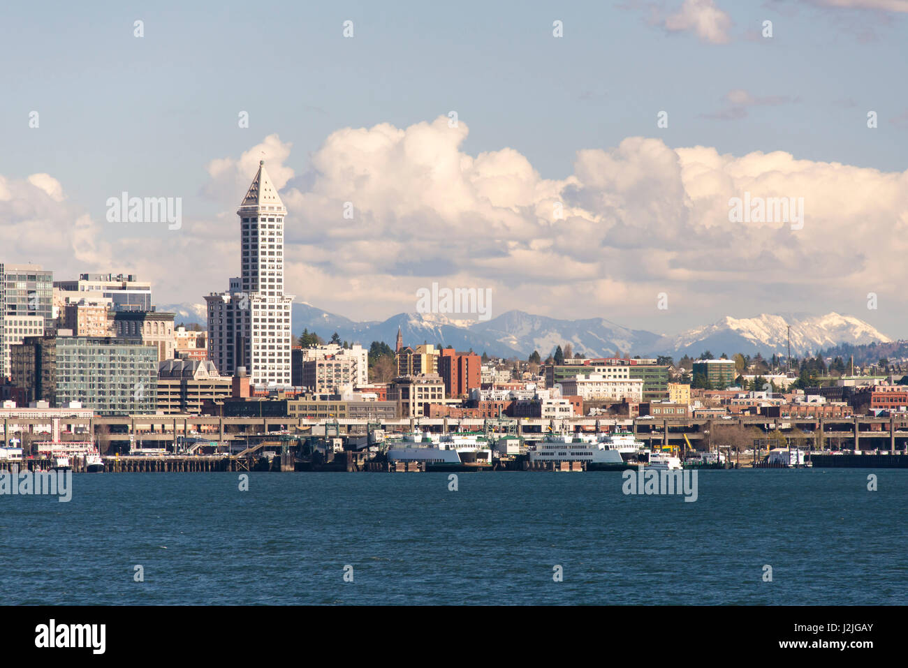 US, WA, Seattle waterfront, ferry terminal, Smith Tower Cascade ...