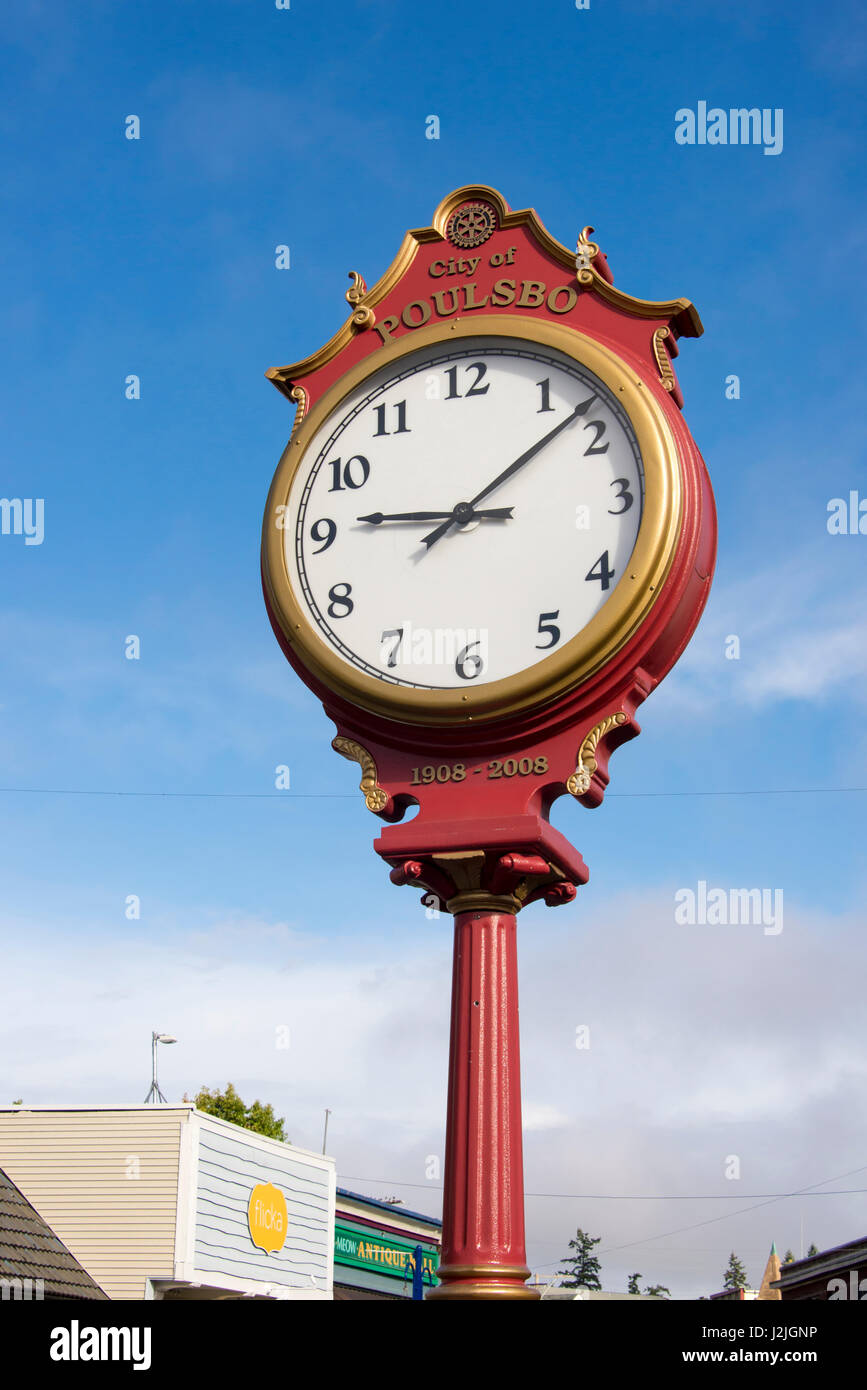 US, WA, Poulsbo. Quaint clock on Front Street commemorates 100 years of ...