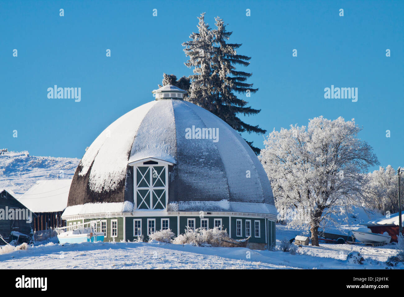 USA, Washington State, Palouse, Snow covered round barn with old tree ...