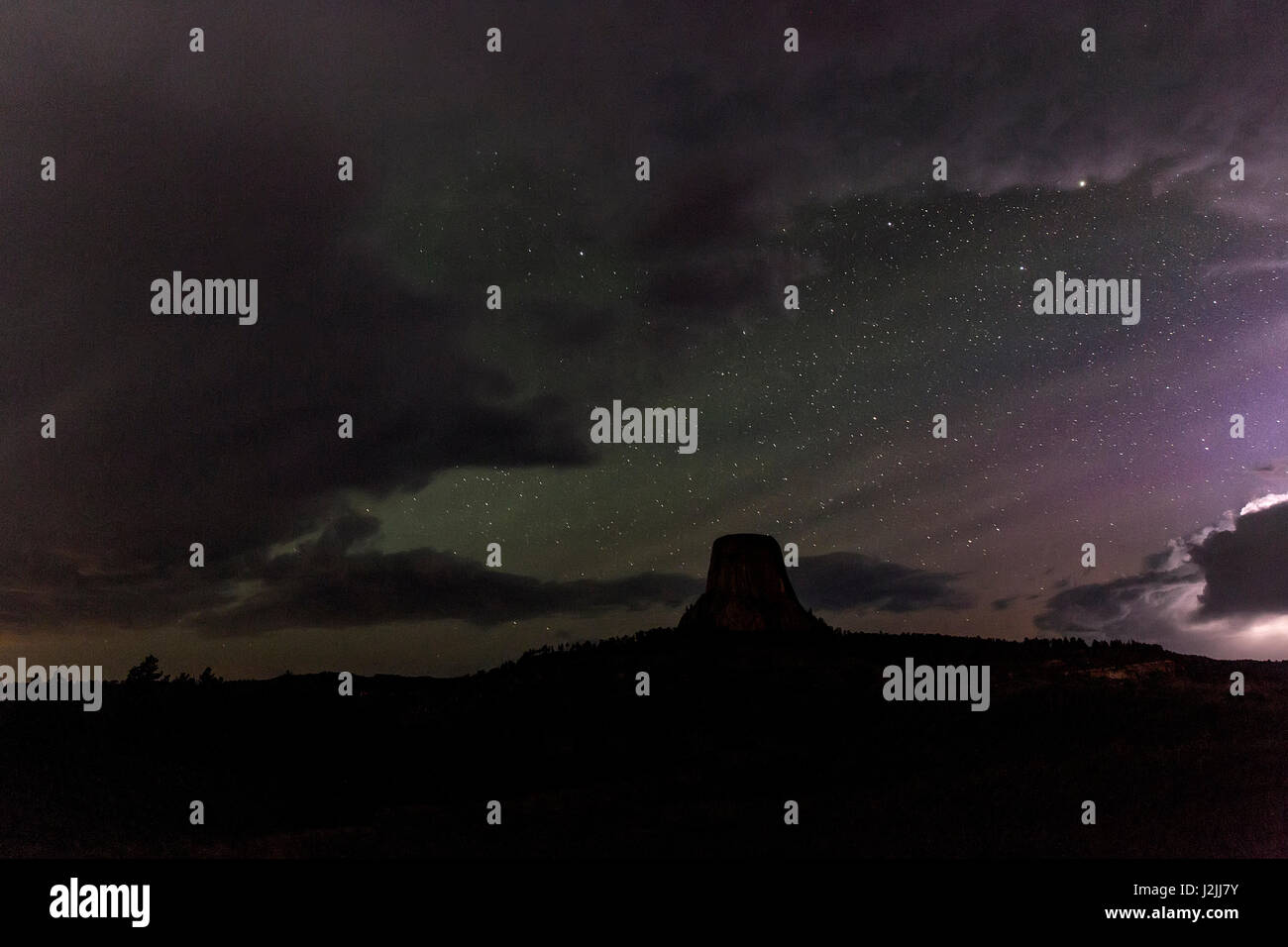 Starry skies and lightning at Devils Tower National Monument, Wyoming ...