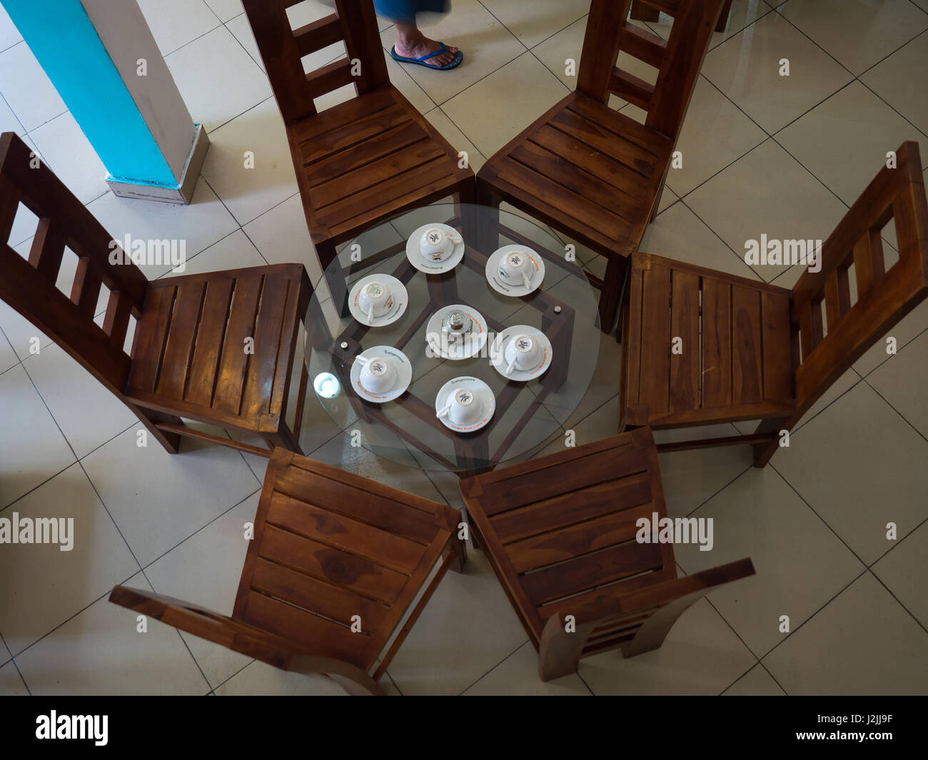 Wooden table in cafe from top view Stock Photo - Alamy