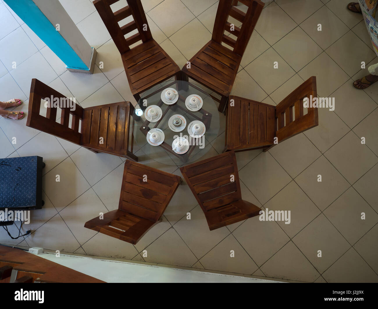 Wooden table in cafe from top view Stock Photo - Alamy