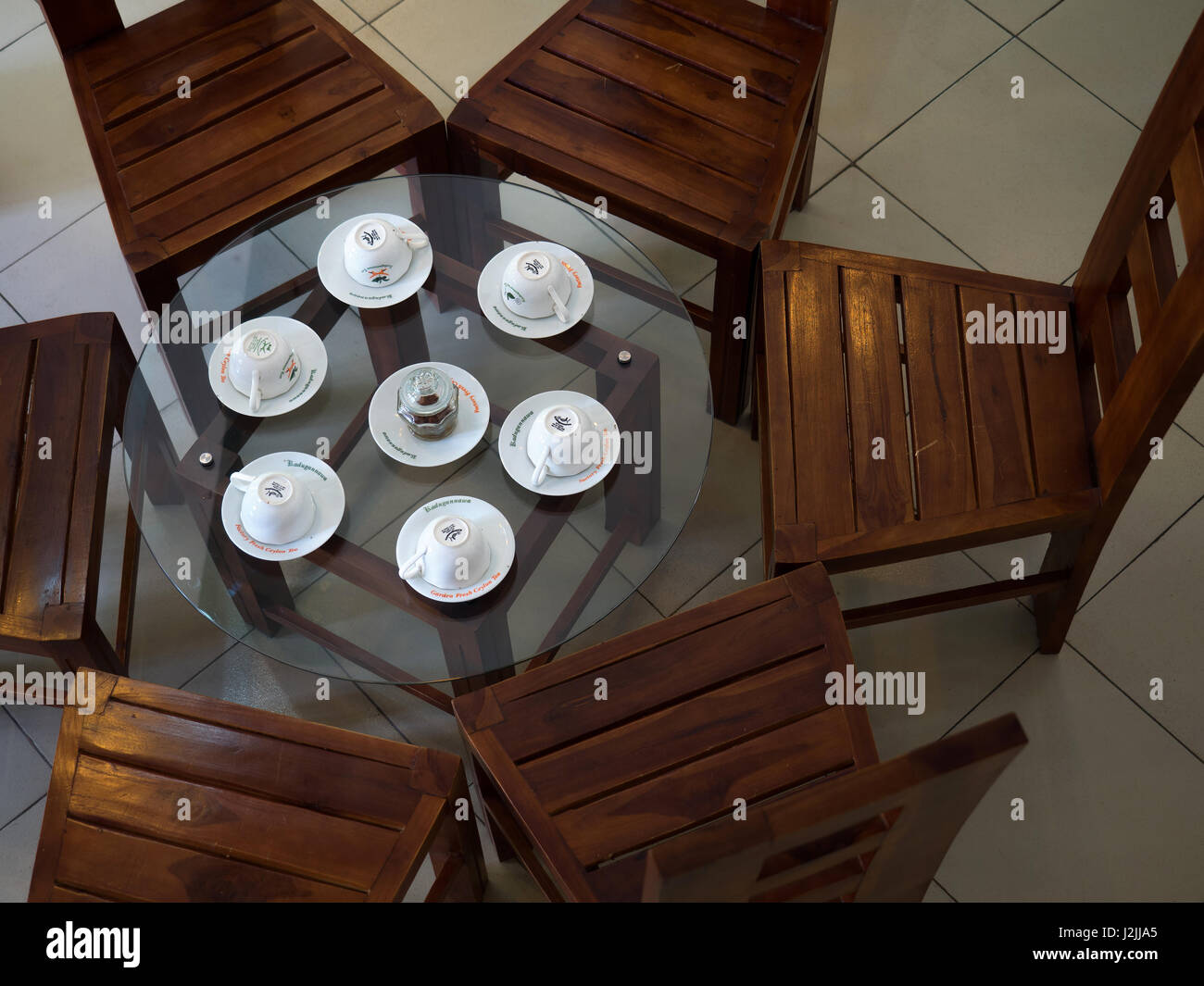 Wooden table in cafe from top view Stock Photo - Alamy