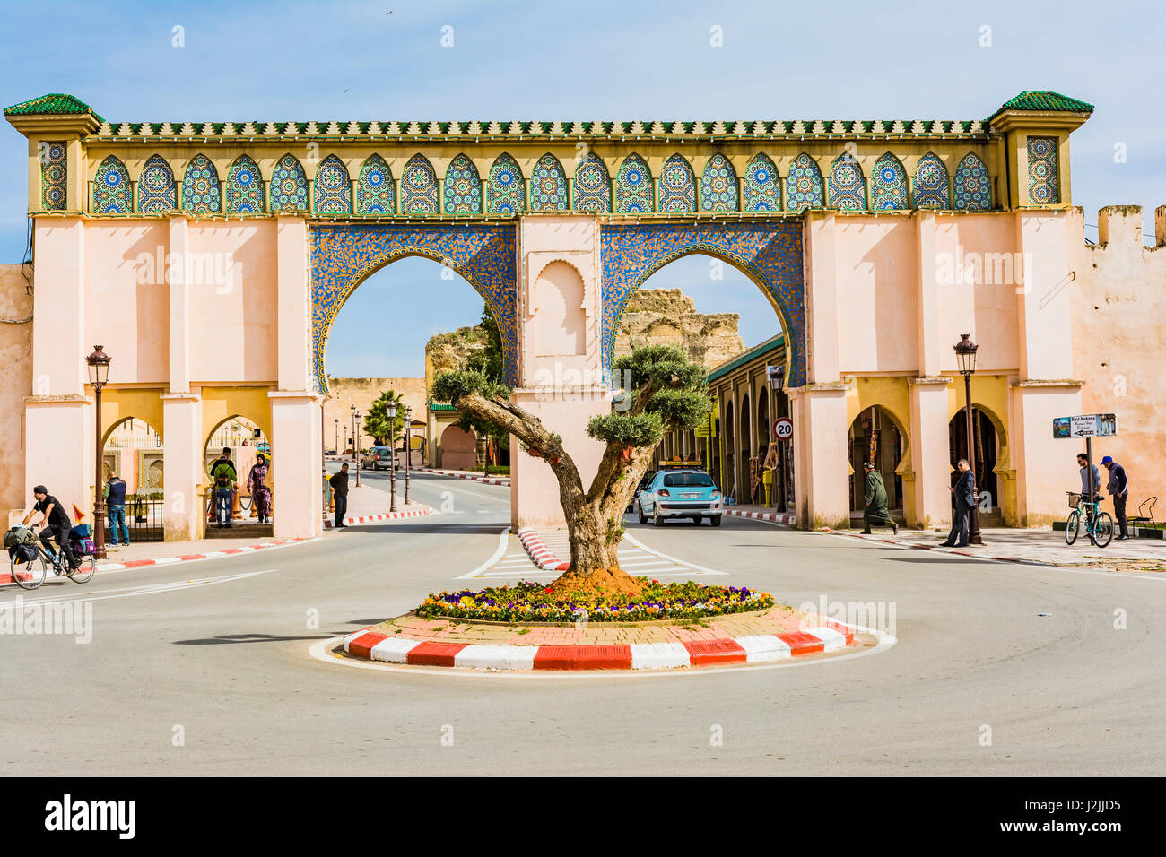 Mosaic covered Islamic arches in the city gate. Meknes, Morocco, North ...