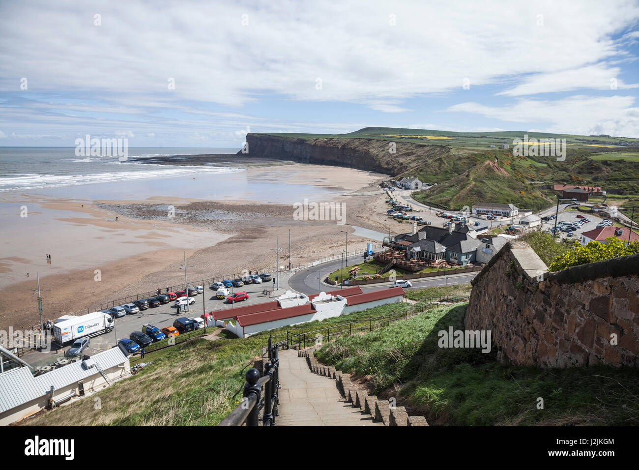 An elevated view of the beach and Huntcliff at Saltburn by the Sea ...