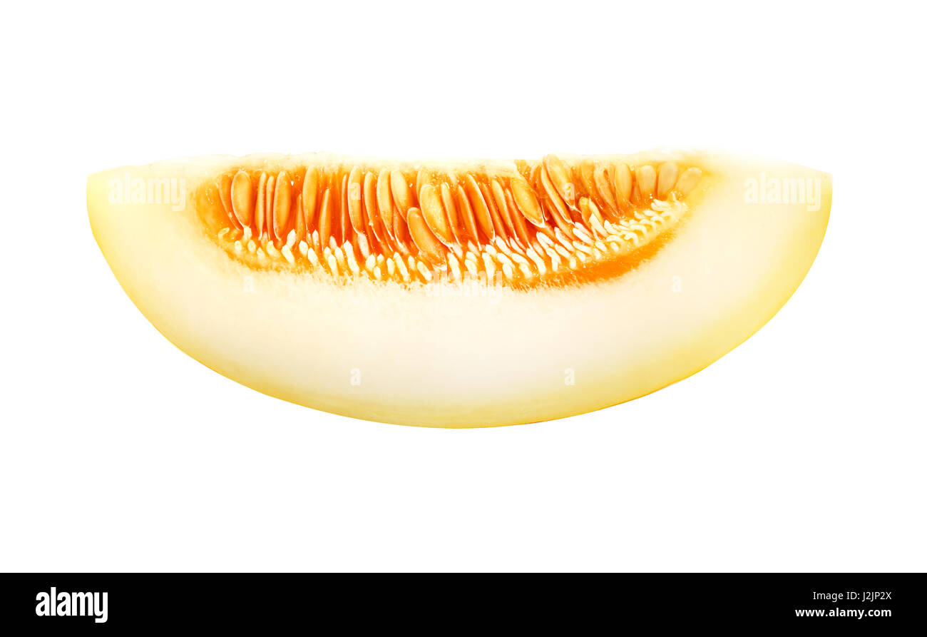 A delicious slice of melon to photograph closeup on white isolated ...