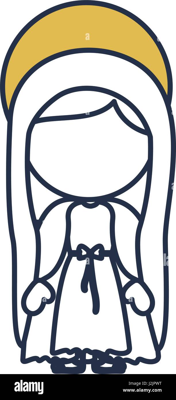 blue color contour of faceless image of saint virgin mary with yellow ...