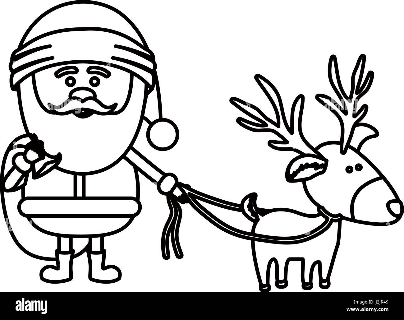 monochrome contour of santa claus with gift bag and reindeer with rope ...