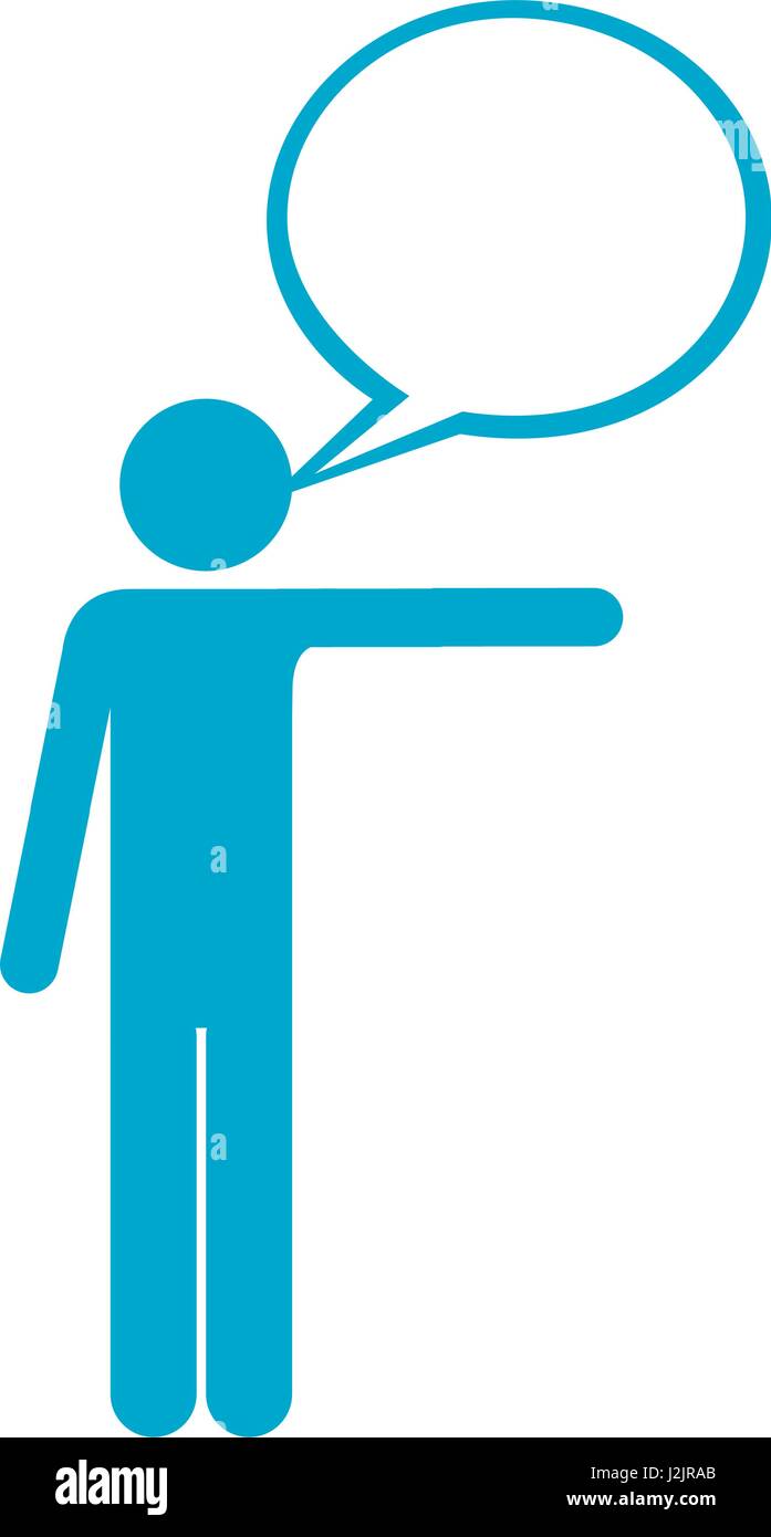 blue silhouette of pictogram man pointing with left arm and bubble ...