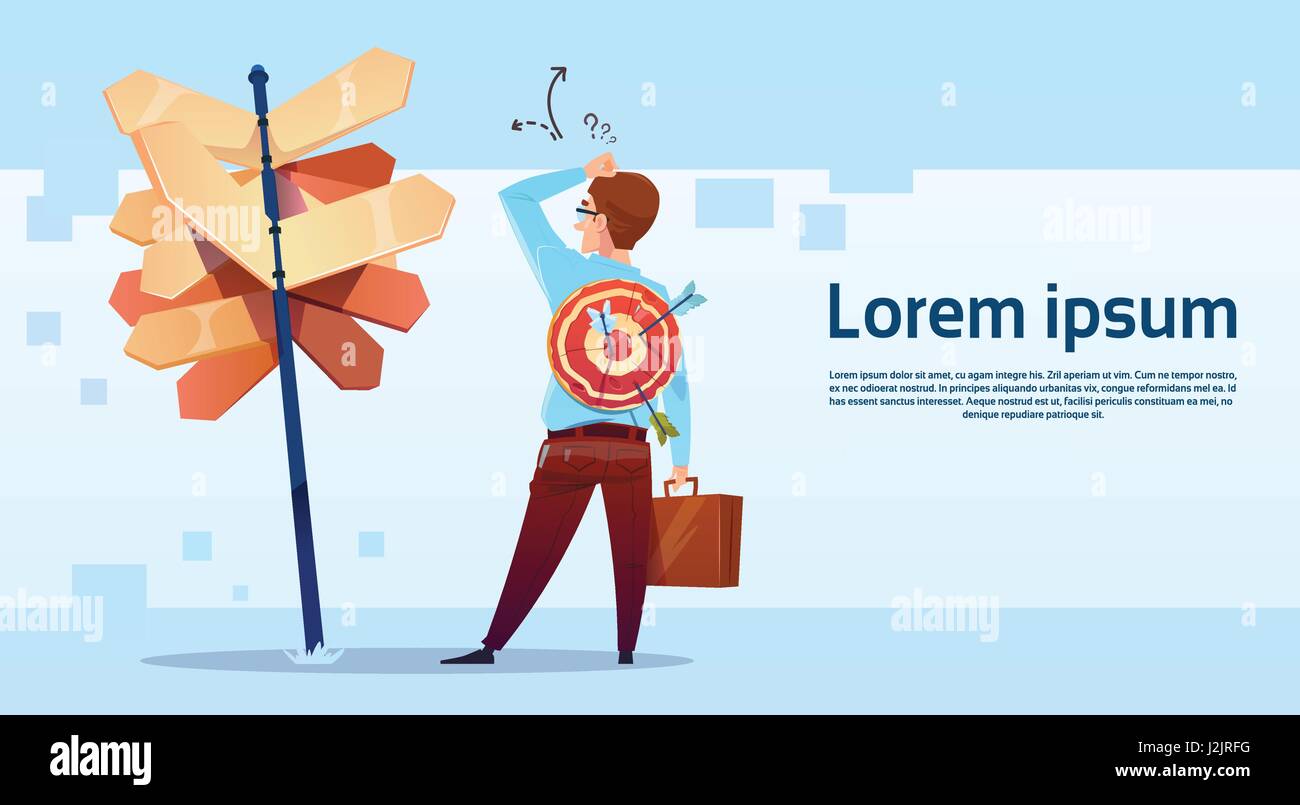 Business Man Standing Sign Choose Direction Way Signboard Arrow Stock ...