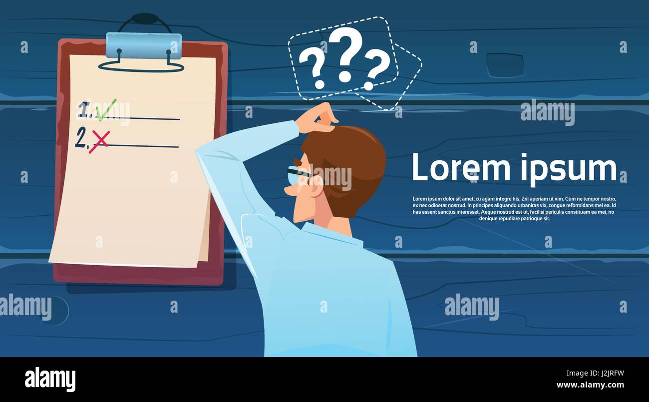 Confused Business Man Standing Back Looking At Check List Question Mark ...