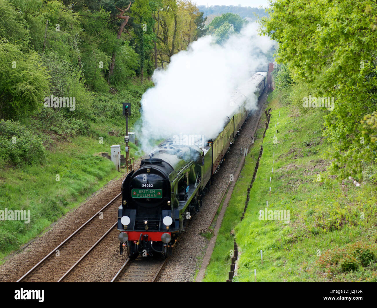 Reigate, UK. 28th Apr, 2017. West Country Class 34046 Braunton renamed ...
