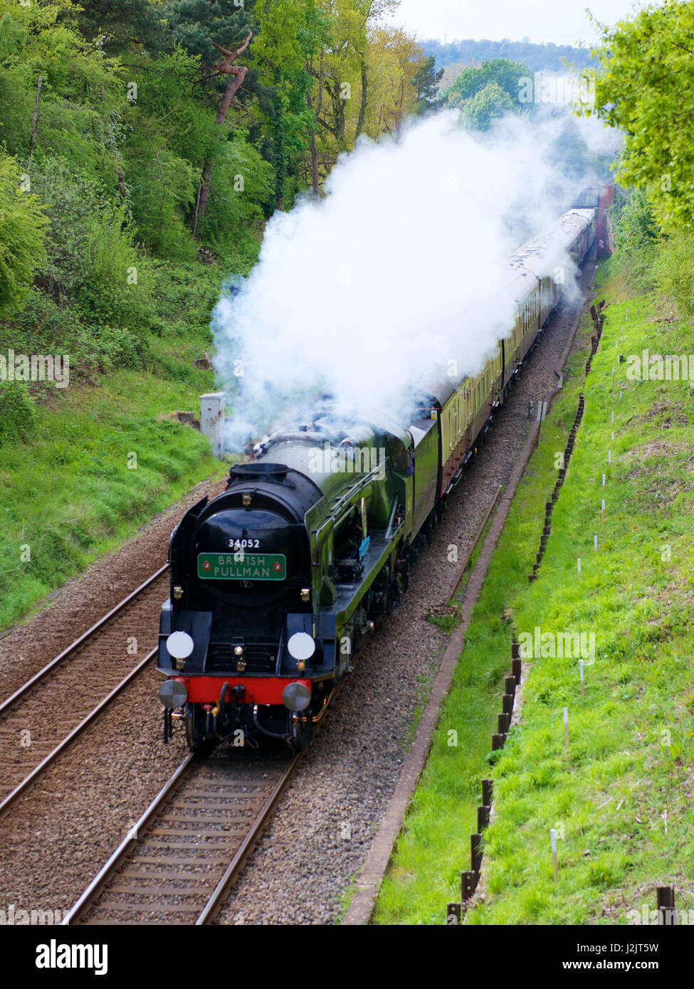 Reigate, UK. 28th Apr, 2017. West Country Class 34046 Braunton renamed ...