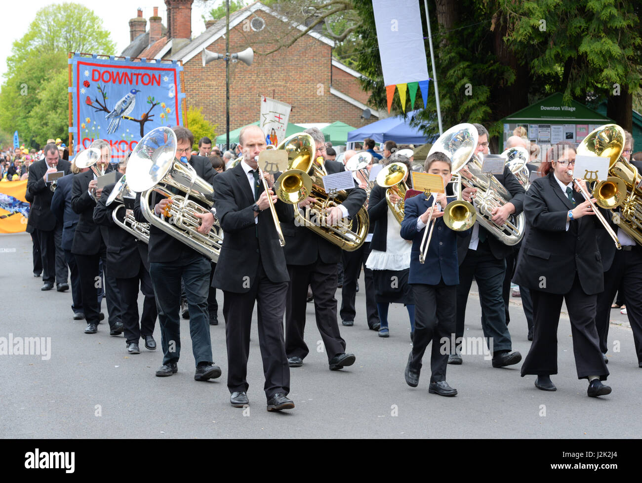 Marching brass band at Downtown Cuckoo Fair, Wiltshire, UK Stock Photo ...
