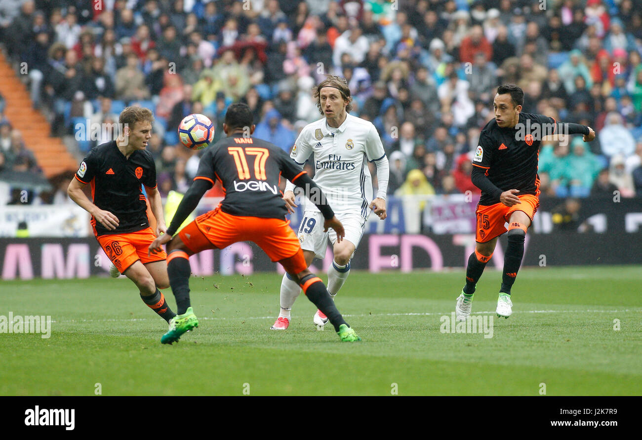 Madrid, Spain. 29th Apr, 2017. Luka Modric (Real Madrid CF) and Nani ...