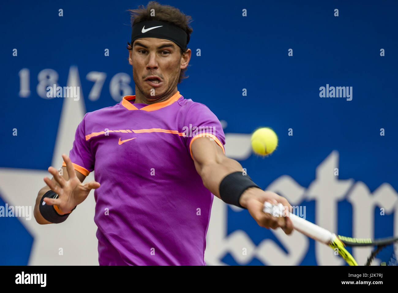 Barcelona, Catalonia, Spain. 29th Apr, 2017. RAFAEL NADAL (ESP) returns ...