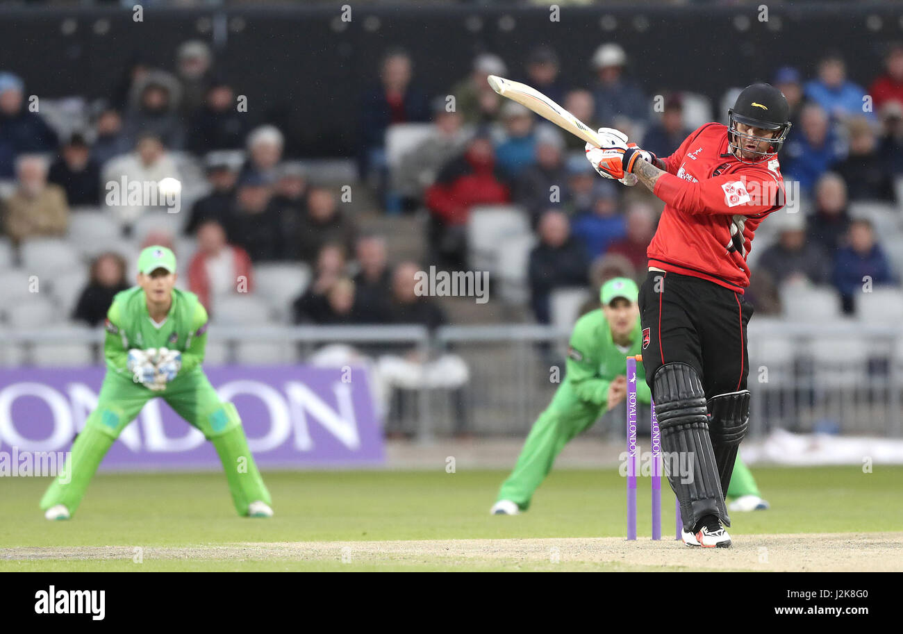 Leicestershire's Cameron Delport hits out against Lancashire, during ...