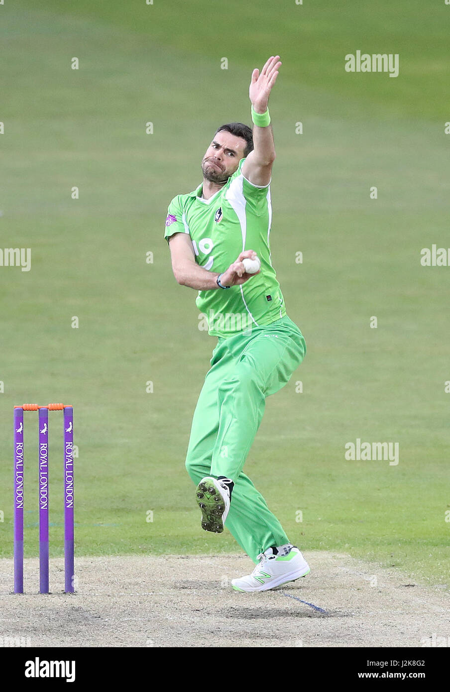 Lancashire's James Anderson bowls to Leicestershire's Cameron Delport ...